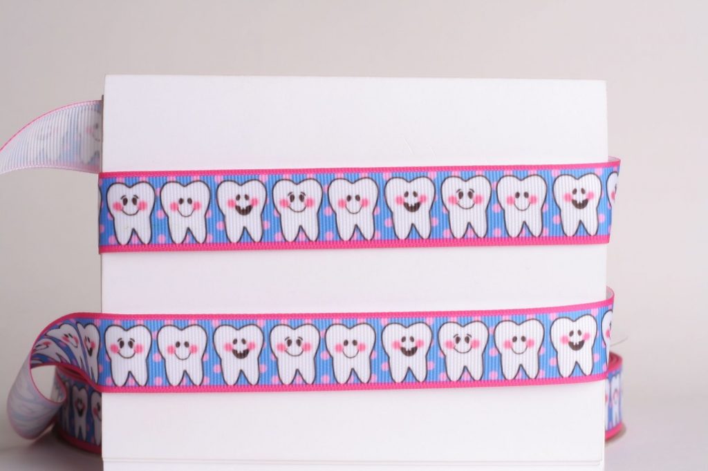Smiling Tooth Teeth Polka Dots 7/8" Grosgrain Ribbon - Ribbon Plus